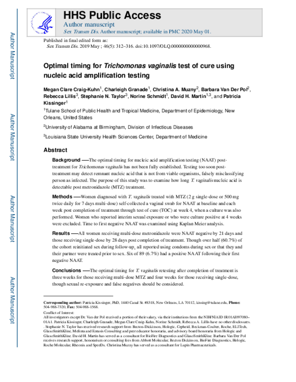 (PDF) Optimal timing for Trichomonas vaginalis test of cure using ...