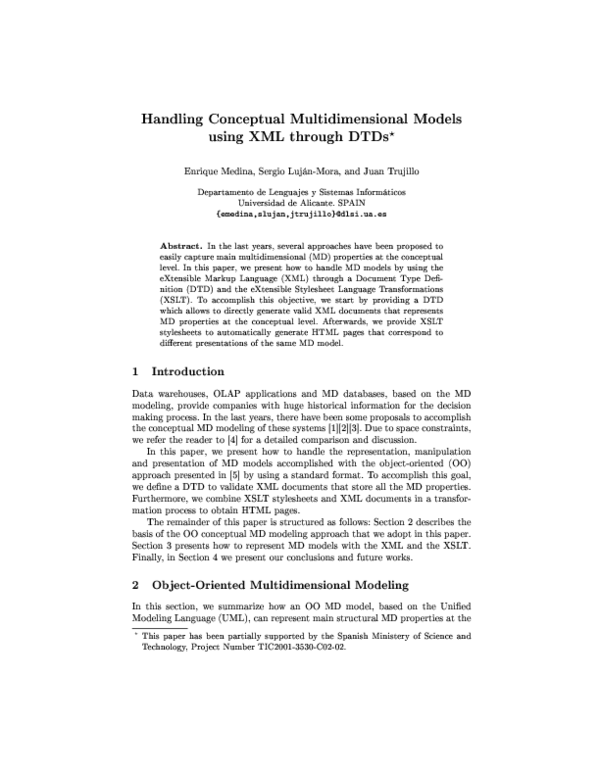 Pdf Handling Conceptual Multidimensional Models Using Xml Through Dtds