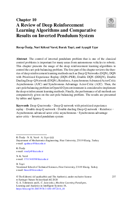 Pdf A Review Of Deep Reinforcement Learning Algorithms And Comparative Results On Inverted