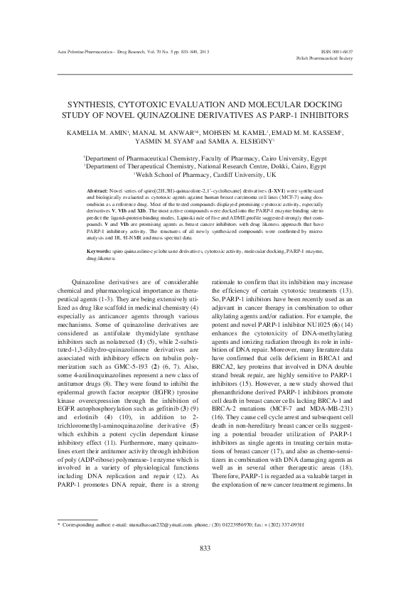 (PDF) Synthesis, cytotoxic evaluation and molecular docking study of novel quinazoline ...