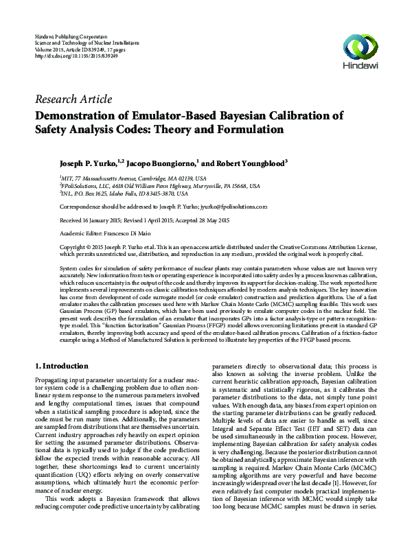 (PDF) Demonstration of Emulator-Based Bayesian Calibration of Safety Analysis Codes: Theory and ...