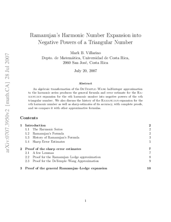 (PDF) Ramanujan’s Harmonic Number Expansion into Negative Powers of a Triangular Number. arXiv ...