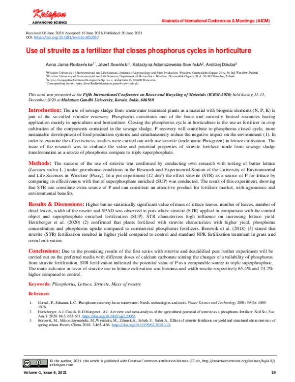 (PDF) Use of struvite as a fertilizer that closes phosphorus cycles in ...