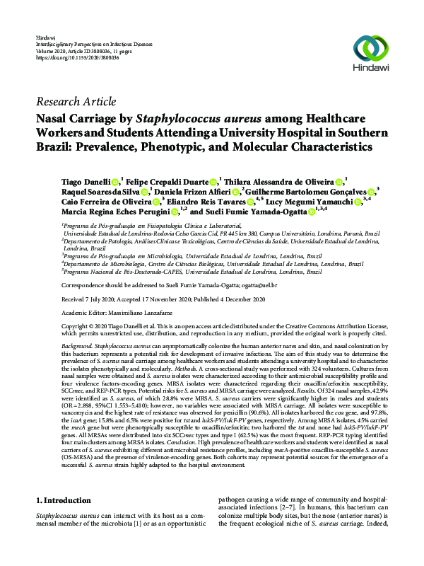 (PDF) Nasal Carriage by Staphylococcus aureus among Healthcare Workers and Students Attending a ...