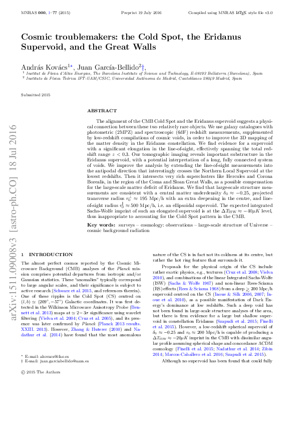 (PDF) Cosmic troublemakers: the Cold Spot, the Eridanus supervoid, and ...