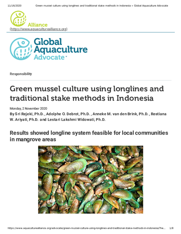 (PDF) Green mussel culture using longlines and traditional stake ...