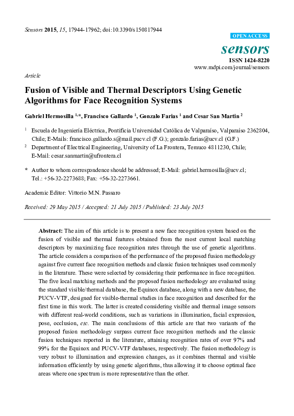 (PDF) Article Fusion of Visible and Thermal Descriptors Using Genetic Algorithms for Face ...