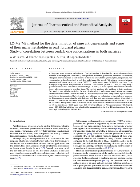 (PDF) LC–MS/MS method for the determination of nine antidepressants and some of their main ...