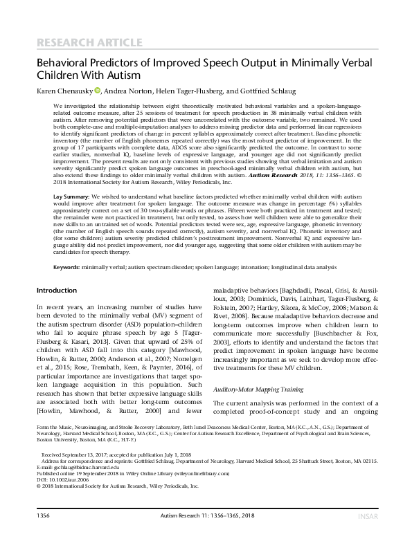 (PDF) Behavioral predictors of improved speech output in minimally verbal children with autism