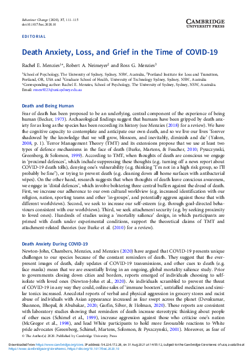(PDF) Death Anxiety, Loss, and Grief in the Time of COVID-19