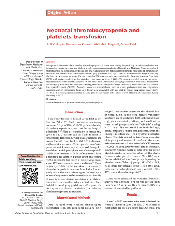 (PDF) Neonatal thrombocytopenia and platelets transfusion