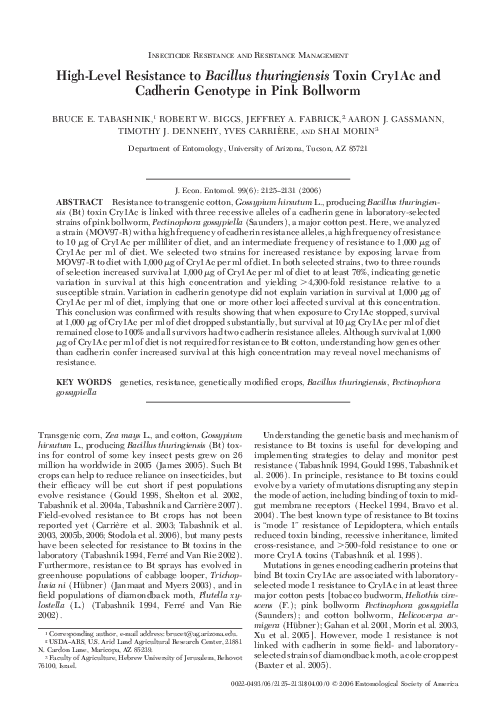 (PDF) High-Level Resistance to Bacillus thuringiensis Toxin Cry1Ac and Cadherin Genotype in Pink ...