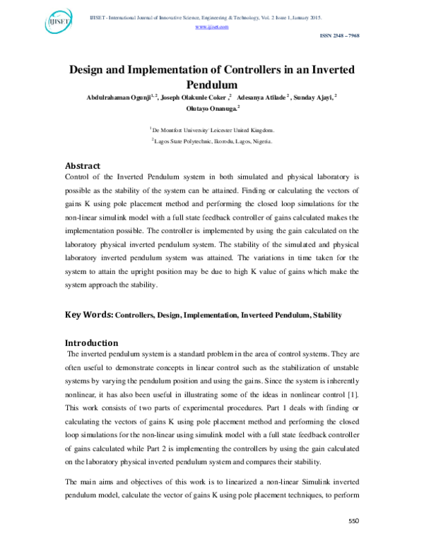 (PDF) Design and Implementation of Controllers in an Inverted Pendulum
