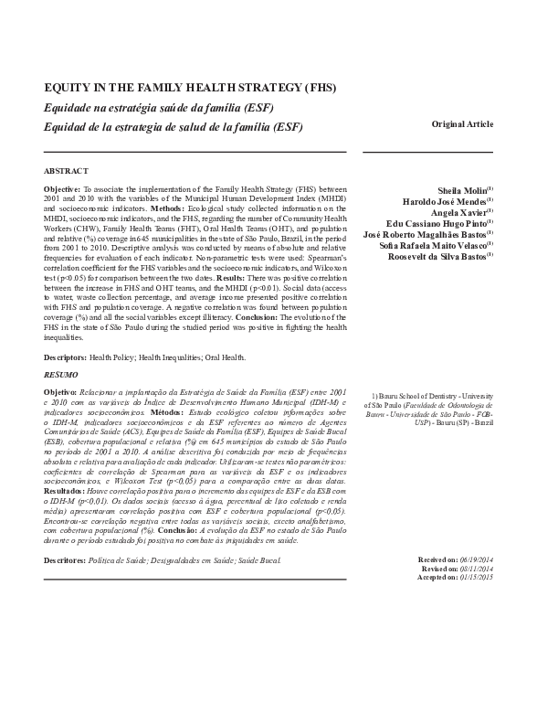 (PDF) EQUITY IN THE FAMILY HEALTH STRATEGY (FHS) Equidade na estratégia ...