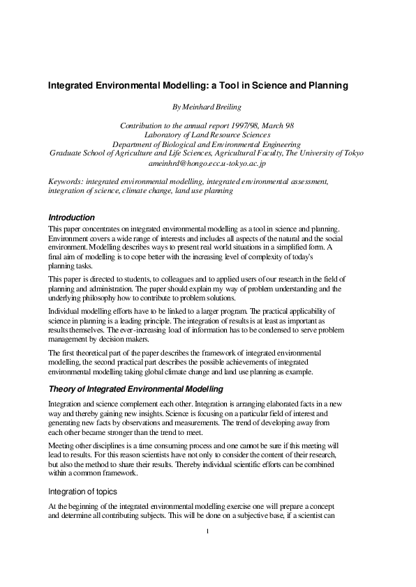 (PDF) 1 Integrated Environmental Modelling: a Tool in Science and Planning