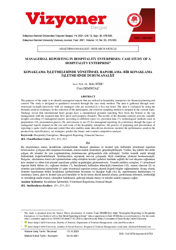 (PDF) Managerial Reporting in Hospitality Enterprises: Case Study of a Hospitality Enterprise