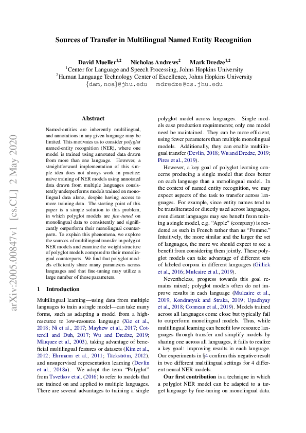 (PDF) Sources of Transfer in Multilingual Named Entity Recognition