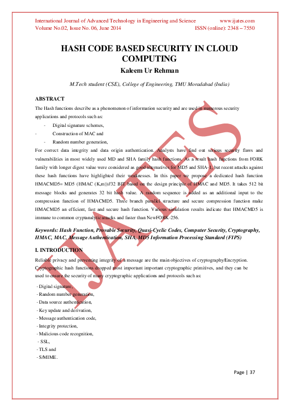 (PDF) Hash Code Based Security in Cloud Computing
