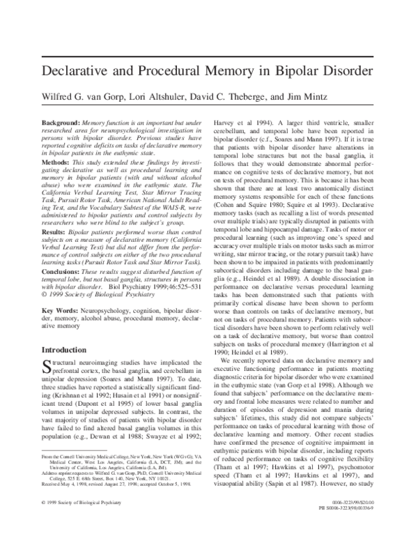 (PDF) Declarative and procedural memory in bipolar disorder