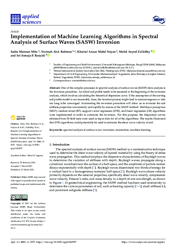 Pdf Implementation Of Machine Learning Algorithms In Spectral Analysis Of Surface Waves Sasw