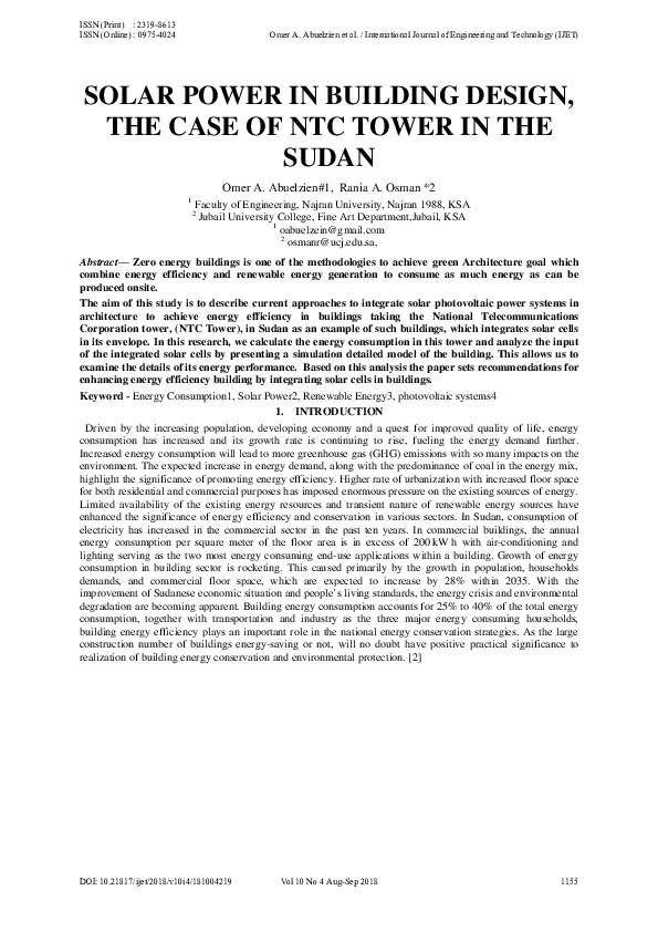 (PDF) Solar Power in Building Design, the Case of NTC Tower in the Sudan