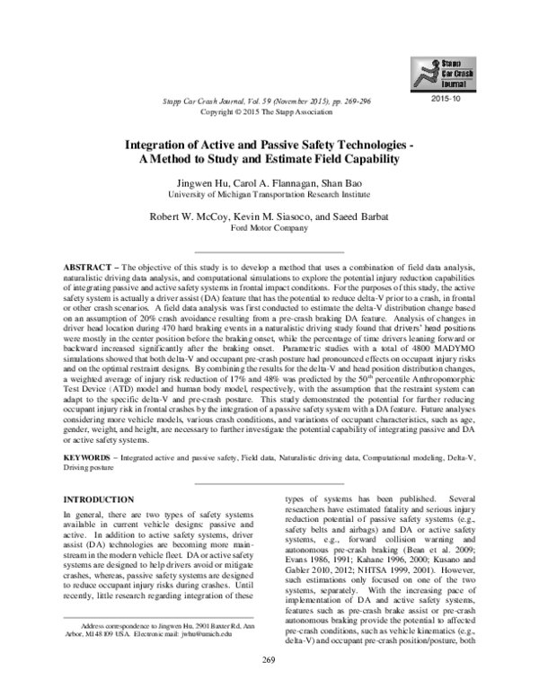 (PDF) Integration of Active and Passive Safety Technologies - A Method ...