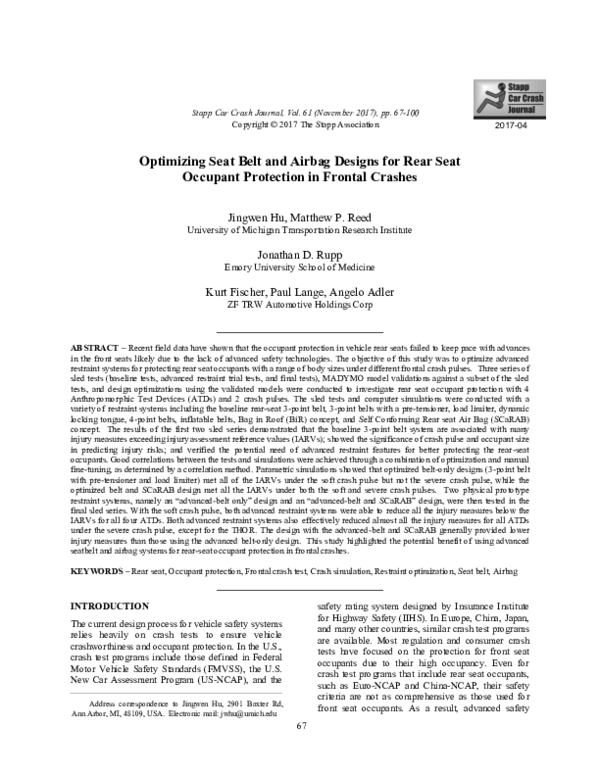 (PDF) Optimizing Seat Belt and Airbag Designs for Rear Seat Occupant ...