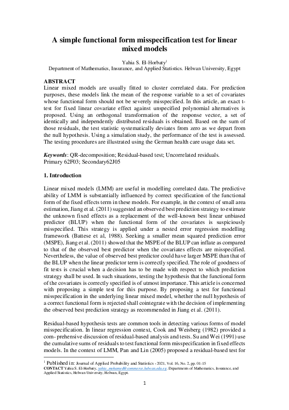 Pdf A Simple Functional Form Misspecification Test For Linear Mixed Models