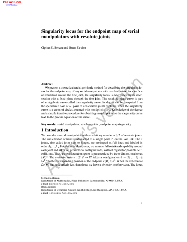 (PDF) Singularity Locus for the Endpoint Map of Serial Manipulators with Revolute Joints