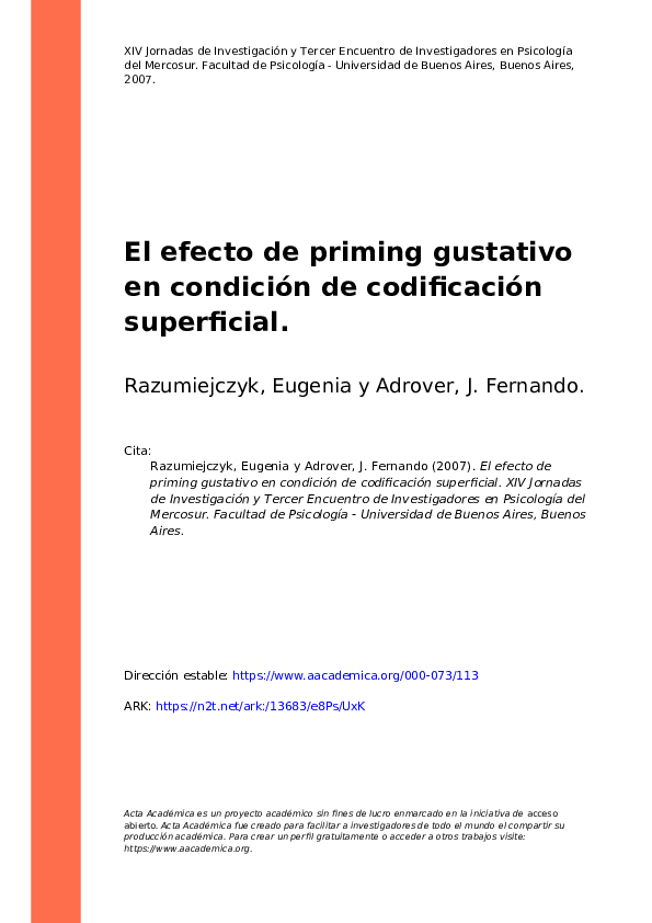 (PDF) El Efecto De Priming Gustativo en Condición De Codificación Superficial