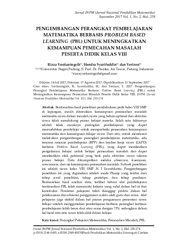 (PDF) Pengembangan Perangkat Pembelajaran Matematika Berbasis Problem Based Learning (PBL) untuk ...