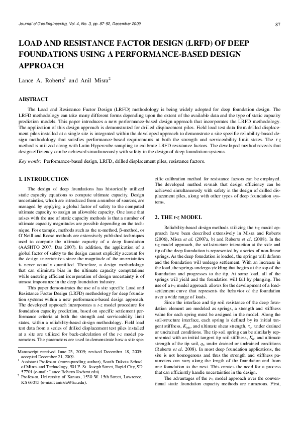 (PDF) Load and Resistance Factor Design (LRFD) of Deep Foundations using a Performance-Based ...