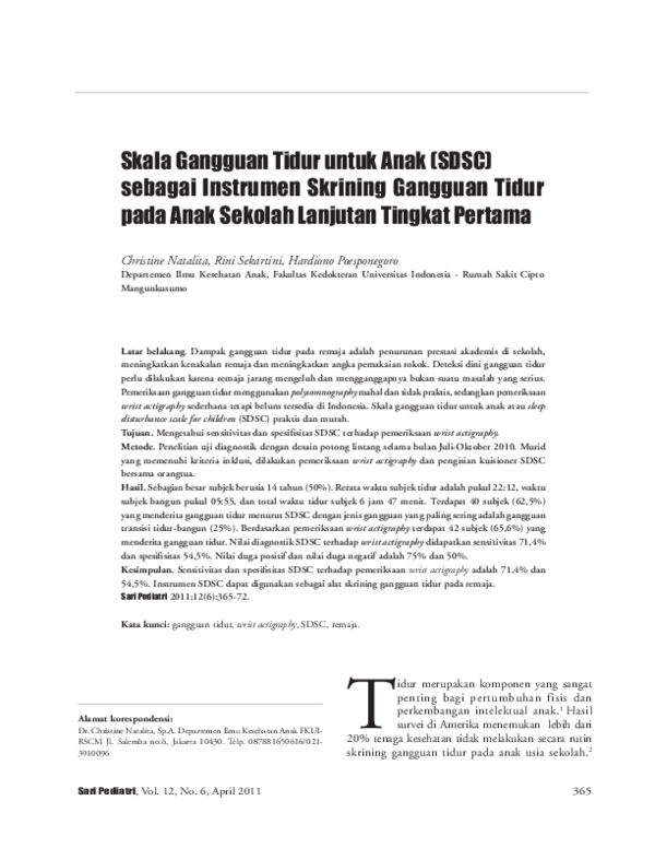 (PDF) Skala Gangguan Tidur untuk Anak (SDSC) sebagai Instrumen Skrining ...