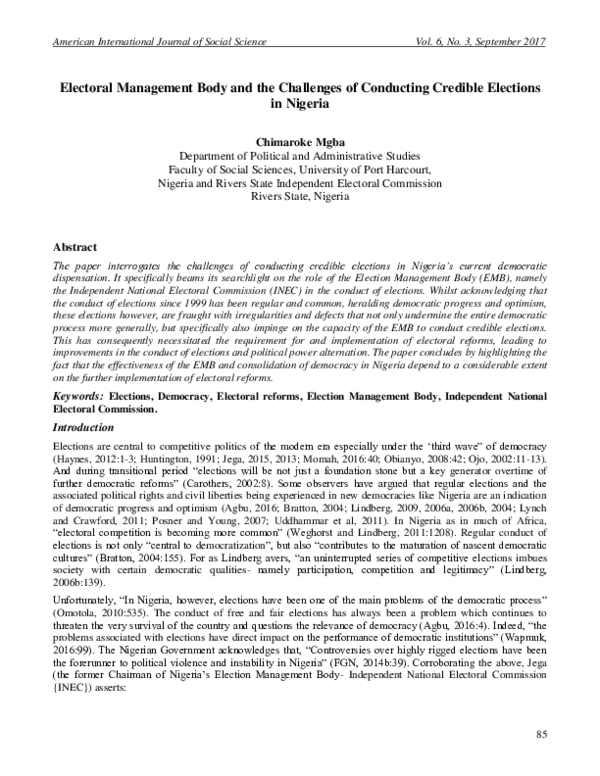 (PDF) Electoral Management Body and the Challenges of Conducting ...