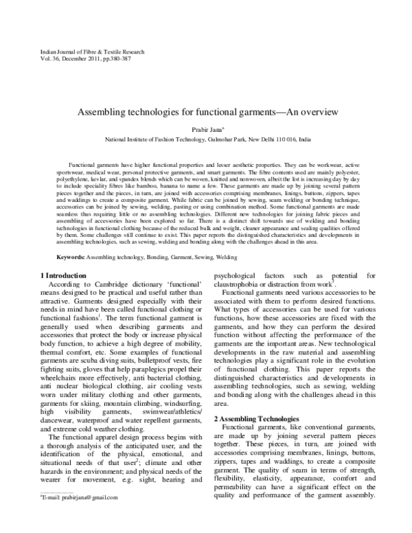 (PDF) Assembling technologies for functional garments—An overview