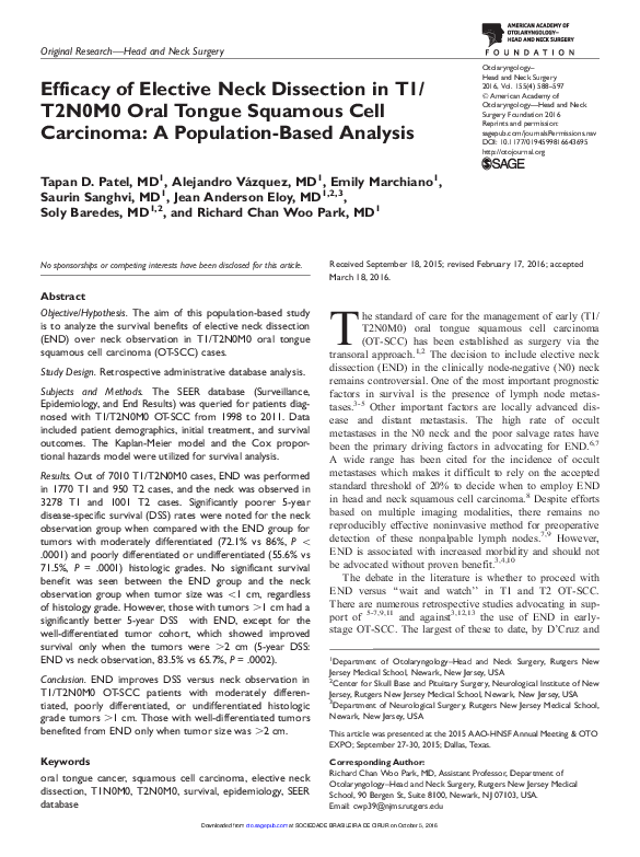 (PDF) Efficacy of Elective Neck Dissection in T1/T2N0M0 Oral Tongue ...