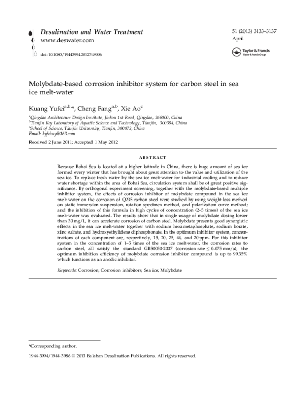(PDF) Molybdate-based corrosion inhibitor system for carbon steel in ...