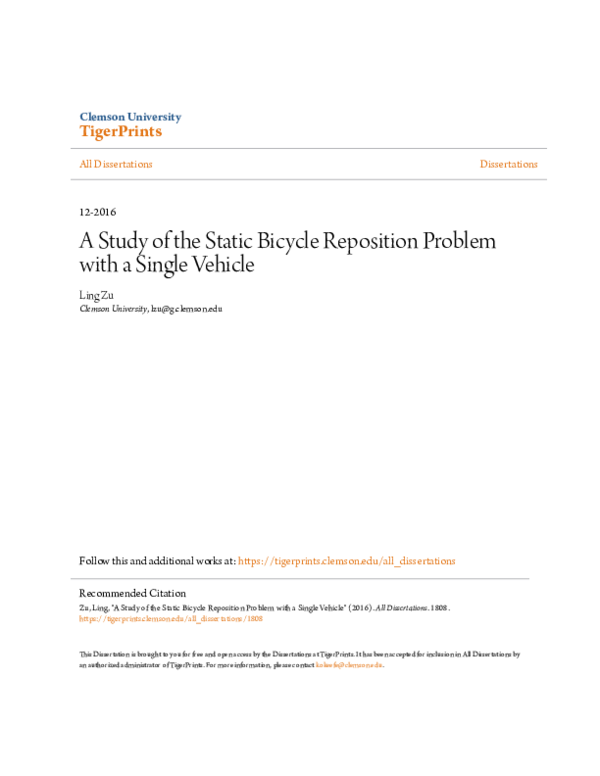 (PDF) A Study of the Static Bicycle Reposition Problem with a Single Vehicle | Ling Zu ...