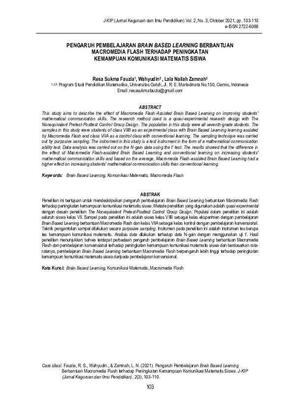 (PDF) Pengaruh Pembelajaran Brain Based Learning Berbantuan Macromedia Flash Terhadap ...