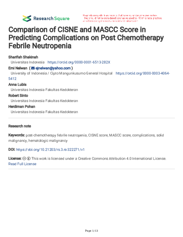(PDF) Comparison of CISNE and MASCC Score in Predicting Complications ...