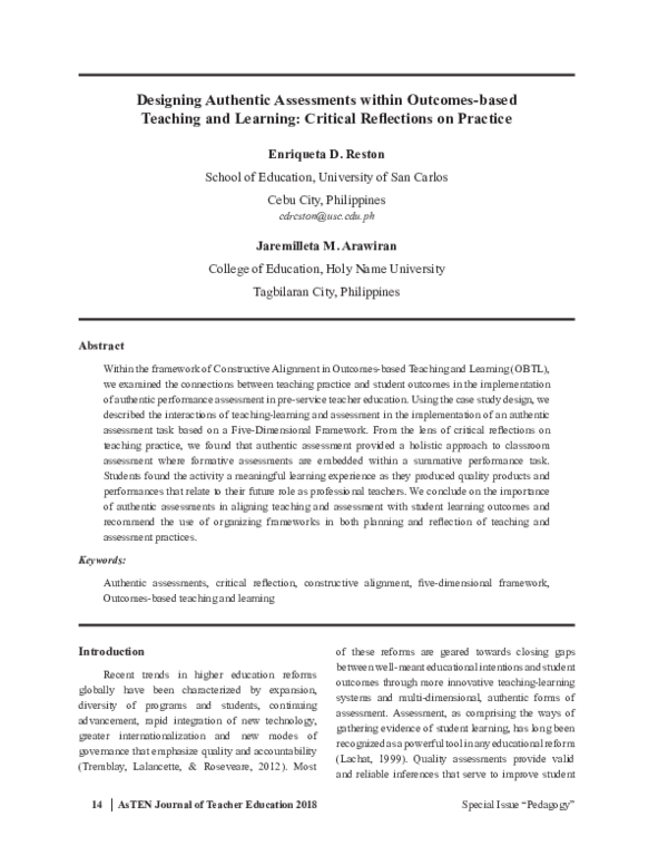 (PDF) Designing Authentic Assessments within Outcomes-based Teaching and Learning: Critical ...