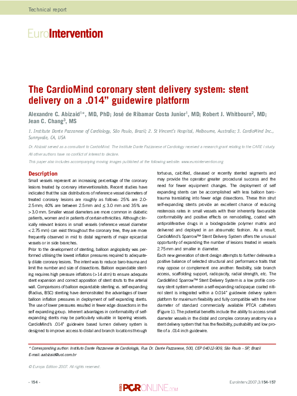 (PDF) The CardioMind coronary stent delivery system: stent delivery on ...