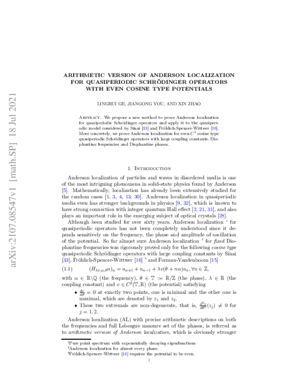 (PDF) Arithmetic version of anderson localization for quasiperiodic Schr\"odinger operators with ...