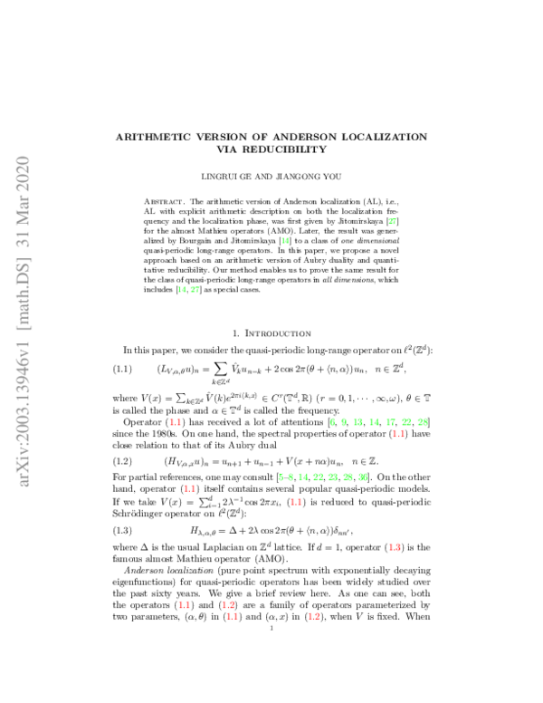 (PDF) Arithmetic version of Anderson localization via reducibility