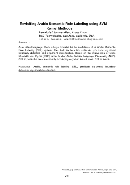 Pdf Revisiting Arabic Semantic Role Labeling Using Svm Kernel Methods