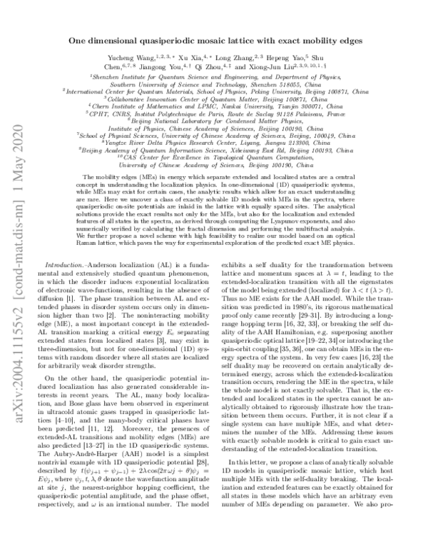 Pdf One Dimensional Quasiperiodic Mosaic Lattice With Exact Mobility Edges