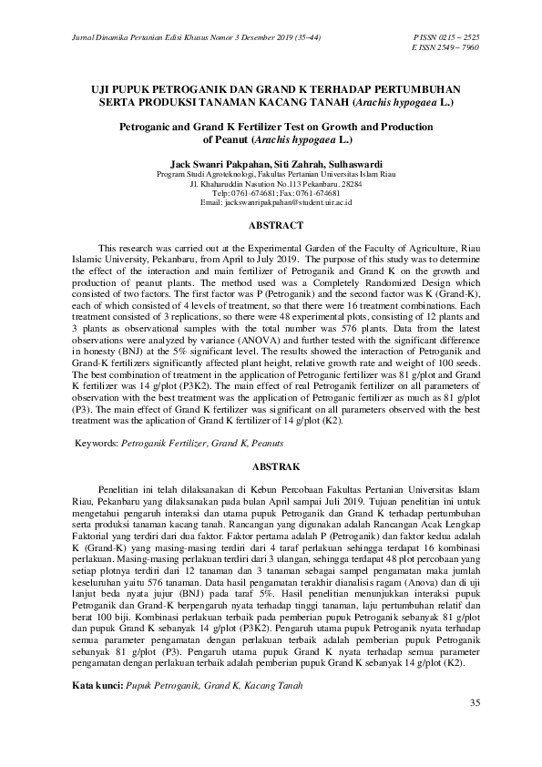 (PDF) UJI PUPUK PETROGANIK DAN GRAND K TERHADAP PERTUMBUHAN SERTA PRODUKSI TANAMAN KACANG TANAH ...