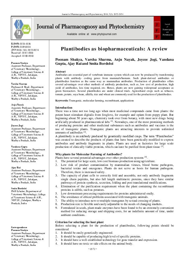 (PDF) Plantibodies as biopharmaceuticals: A review