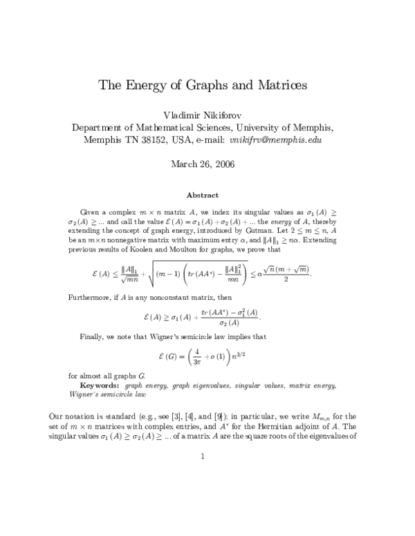(PDF) The energy of graphs and matrices