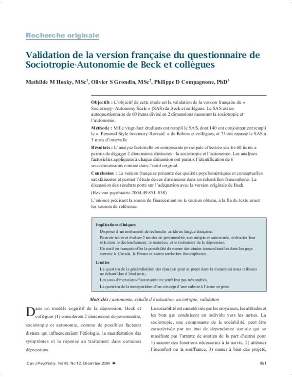 (PDF) Validation de la version francaise du Questionnaire de Bournemouth